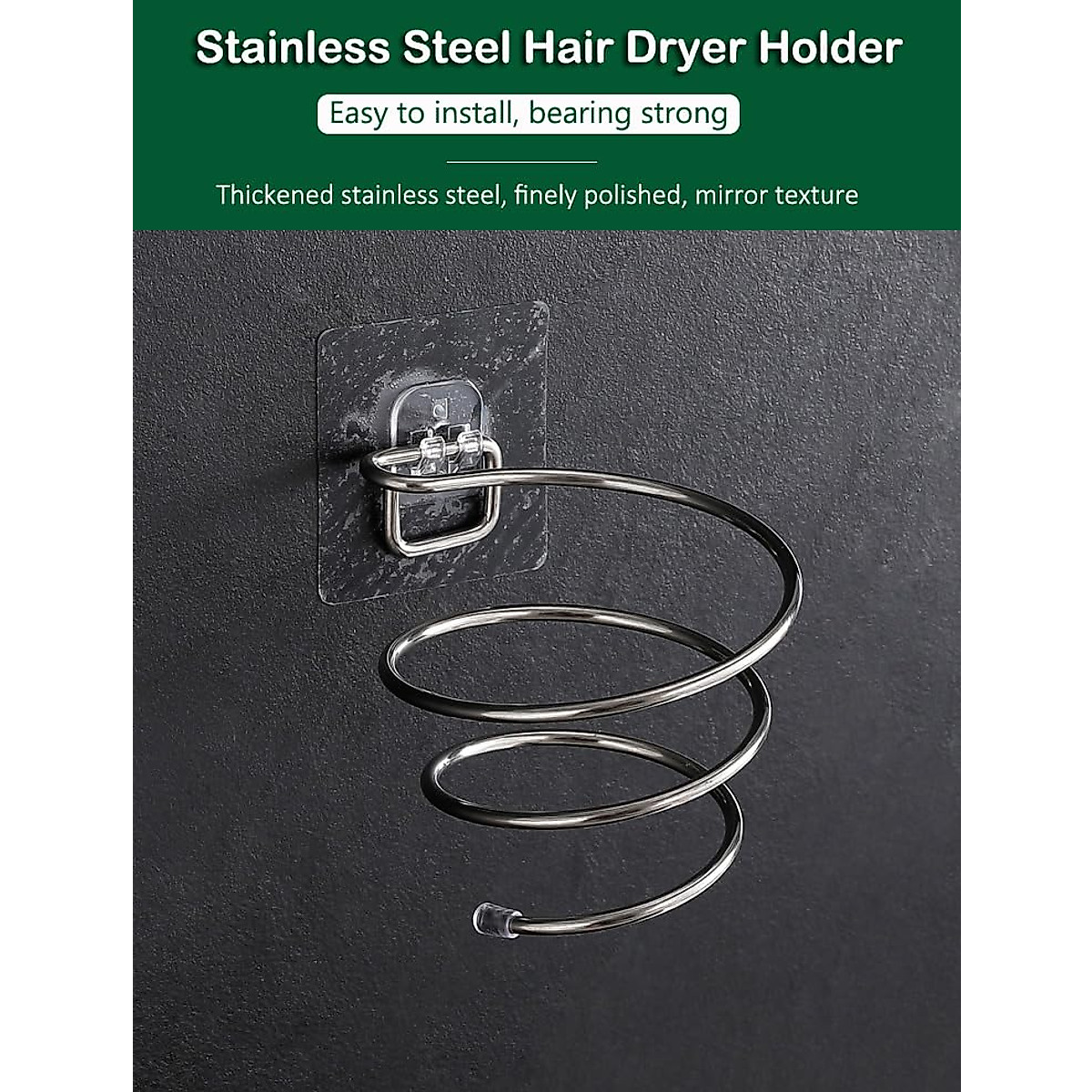 AKOAK Stainless Steel Hair Dryer Holder, Bathroom Wall Mounted Self-Adhesive Waterproof Hair Dryer Storage Holder - Suitable for Most Hair Dryers, Pack of 2