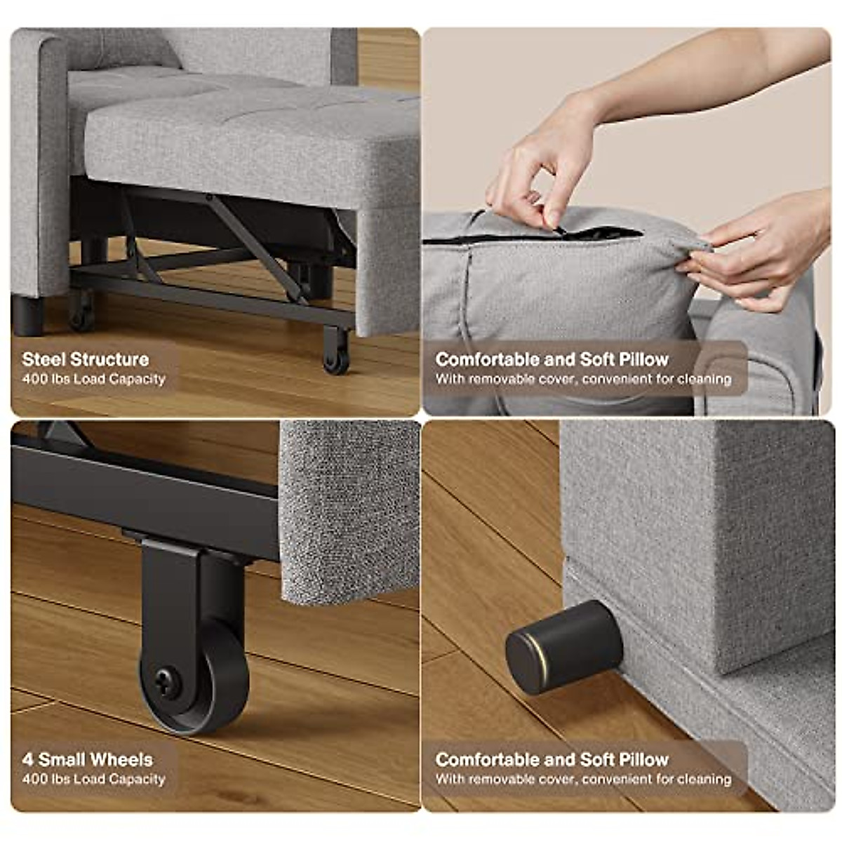 Noelse Sleeper Sofa Chair Bed, Convertible Sofa Chair 3-in-1, Adjustable Sleeper Chair Pullout Sofa Bed with Modern Linen Fabric for Living Room Apartment Small Space, Grey