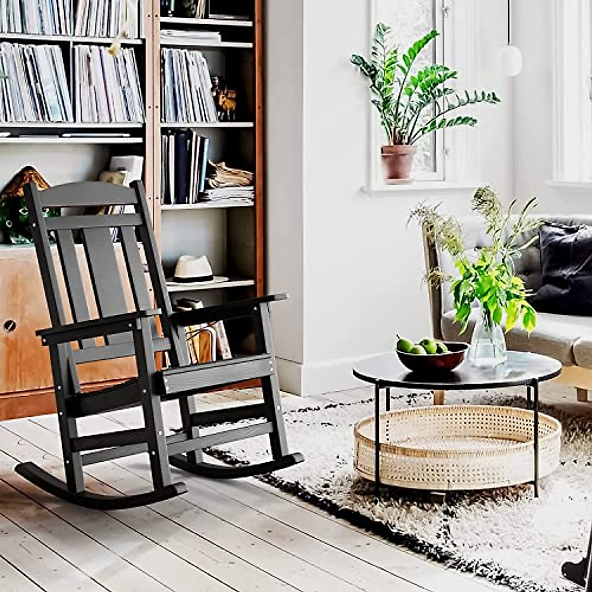 LUE BONA Outdoor Rocking Chairs Set of 2, Weather Resistant Poly Plastic Rocker Chairs, 350lb Heavy Duty, Oversized Porch Rocker for Adult, High Back Smooth Rocking Chairs for Outdoor & Indoor, Black