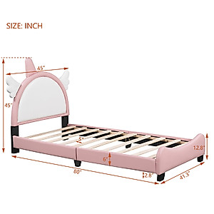 Bellemave Twin Size Princess Bed Frame with Unicorn Shape Headboard,PU Upholstered Princess Twin Bed for Girls,Kids Twin Platform Bed(Twin,Pink)