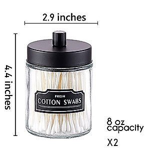 Elwiya Bathroom Apothecary Jars Set, Farmhouse Decor Glass Dispenser Holder for Qtip- Rustic Vanity Organizer with Stainless Steel Lids for Cotton Swabs, Rounds, Bath Salts, Ball/Black, 2 Pack