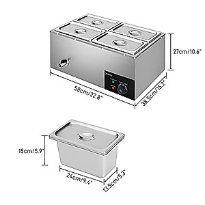 Winado 110V 4-Pan Commercial Food Warmer, 21QT Electric Steam Table 6 Inch Deep, 600W Countertop Stainless Steel Food Soup Buffet w/Temperature Control & Lid for Catering, Restaurant, Party