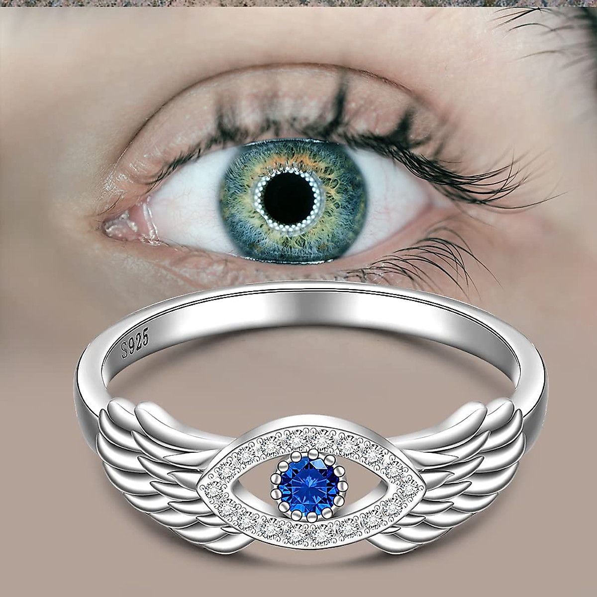 Turkish Evil Eye Ring 925 Sterling Silver Angel Wing Evil Eye Rings for Women Cubic Zirconia Mother Day Protection Jewelry Lucky Gif Size 8