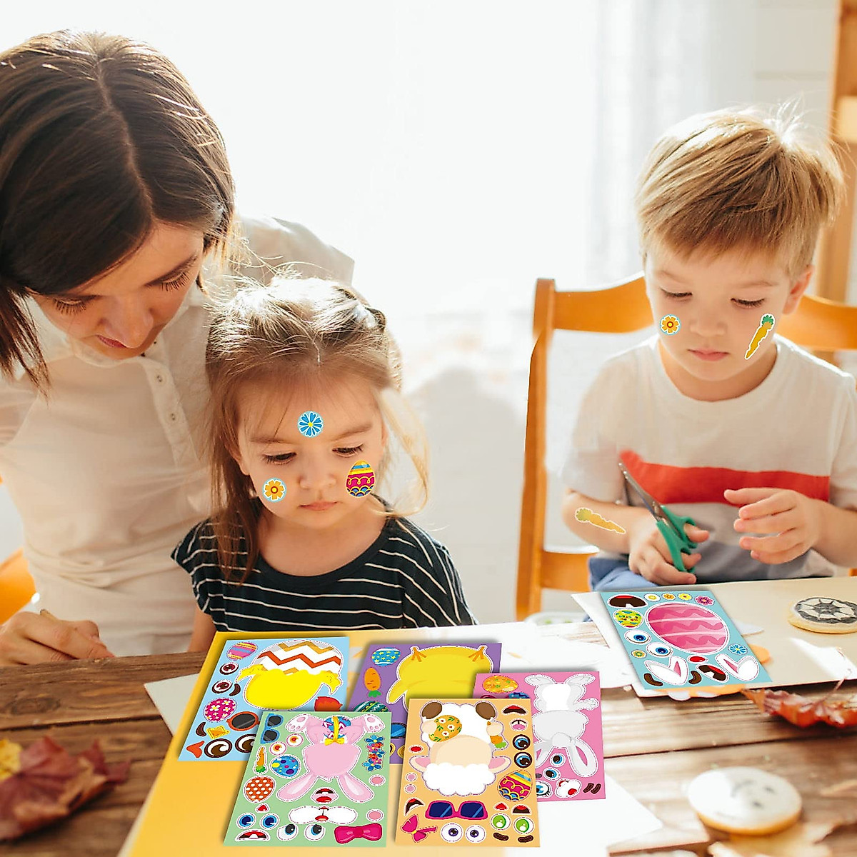 GonLei 24pcs Easter Stickers for Kids, Make Your Own Easter Sticker for Boys Girls, Easter Eggs Bunny Chick Farm Animal Lamb Face Stickers for Family Schools Classroom Activities Party Favor Supplies