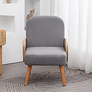 KVK Mid Century Modern Accent Chair, Upholstered Chairs with Bamboo Knitting and Solid Wood Legs, Comfy Linen Fabric Armchair for Club, Living Room, Reading Room, Bedroom, Gray (WJHM-079GR)