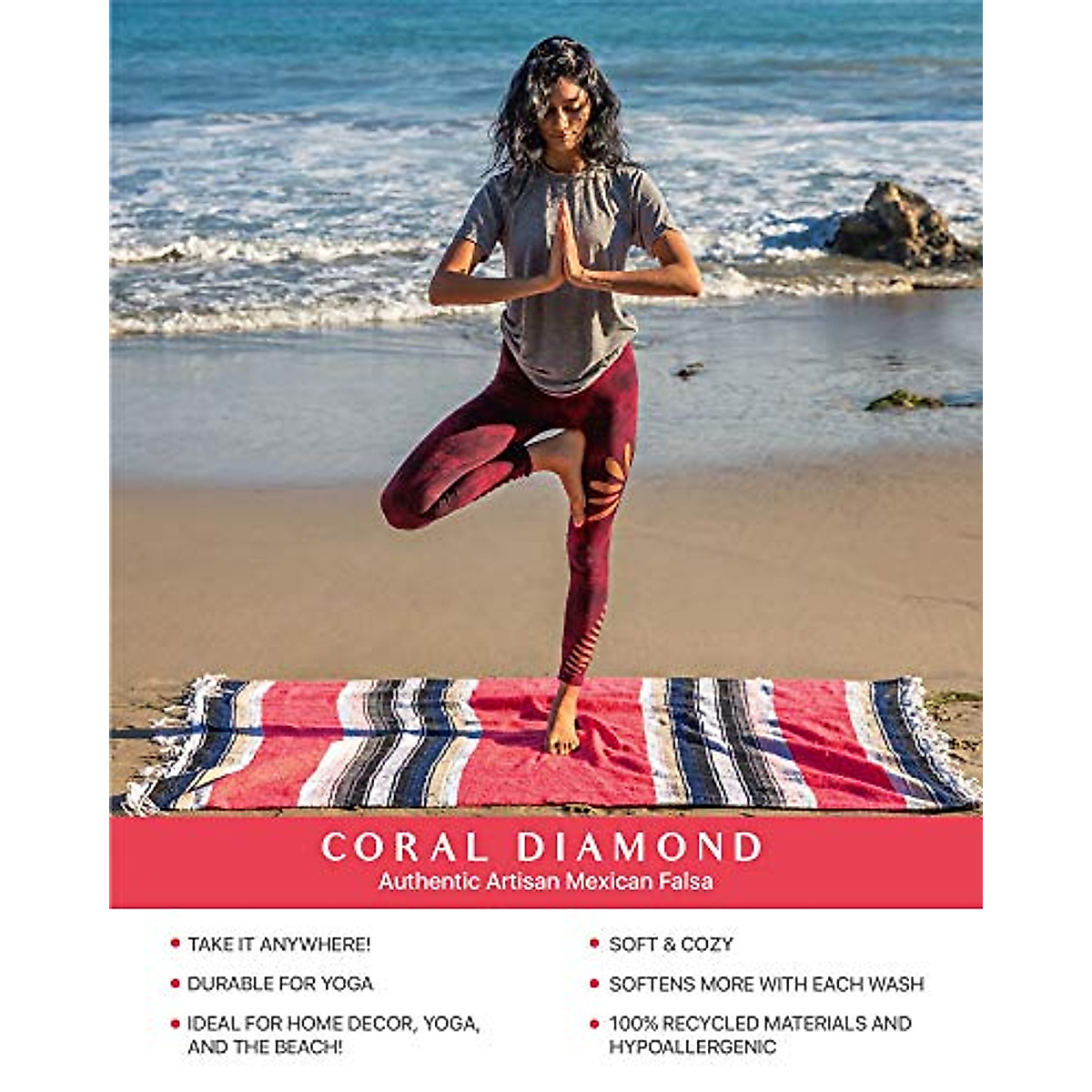 Benevolence LA Mexican Blanket, Authentic Handwoven Yoga Blanket & Outdoor Blanket, Made by Traditional Mexican Artisans, Saddle Blanket, Beach Blanket, Picnic Blanket, & Car Blanket 75 x 52 - Coral