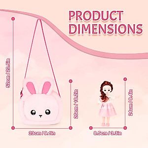 deAO Rabbit Bunny Plush Bag with 11.5" Fashion Doll, Cute Animal Backpack Cosmetic Purse Storage Bag, Doll with Fashion Plush Clothes Playset, Adjustable Strap Pink Fluffy Bunny Handbags for Girls