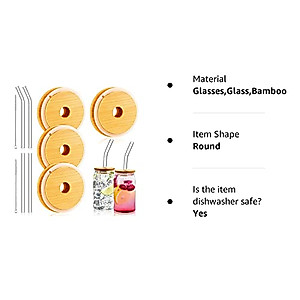 16oz Beer Glasses Lids with Straw Hole Drinking Glass Cups Anticorrosion Beer Can Cups Lids Bamboo Lids Include Reusable Glass Straight Curved Straw and Brush for Drinking Glasses (10 Pieces)