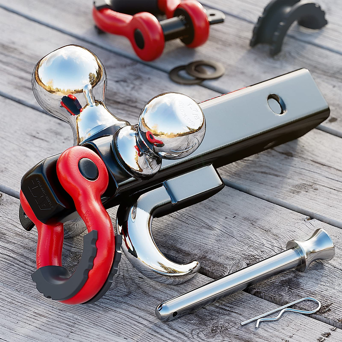 Ayleid Trailer Hitch Tri-Ball Mount with Hook&Pin&Rotatable Tow Shackle,Fits 2-in Receiver with 1-7/8-in,2-in,2-5/16-in Hitch Ball