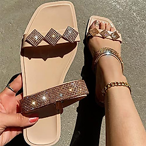 Slipper Socks for Women Women Shoes Fashion Bright Diamond Square Bright Diamond Sandals Flash Diamond One Leg Wear Flat (Khaki, 8)