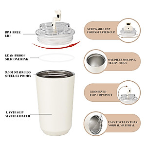 Puraville Insulated Tumblers with Lid, 14 oz Travel Coffee Mug Stainless Steel Vacuum Thermos Cup, 10/14 oz Leak Proof Reusable Double Walled Coffee Tumbler for Iced and Hot Drinks,Cream