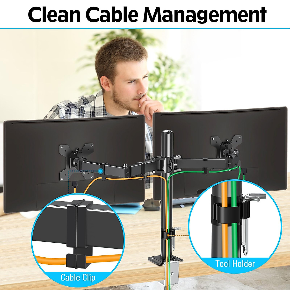 MOUNTUP Dual Monitor Desk Mount, Fully Adjustable Dual Monitor Arm for 2 Max 32 Inch Computer Screens up to 17.6lbs, Dual Monitor Stand Fit Two VESA 75x75&100x100, with C-Clamp and Grommet Base MU0002
