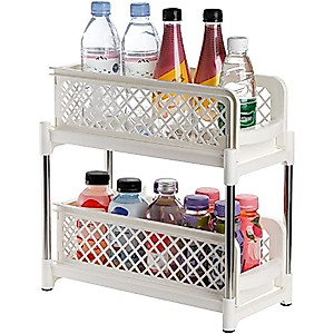 Frcctre 2 Tier Under Sink Cabinet Organizer with Sliding Storage Drawer, White Storage Organizer Baskets with Pull Out Drawers for Kitchen, Countertop, Pantry, Under The Sink, Desktop