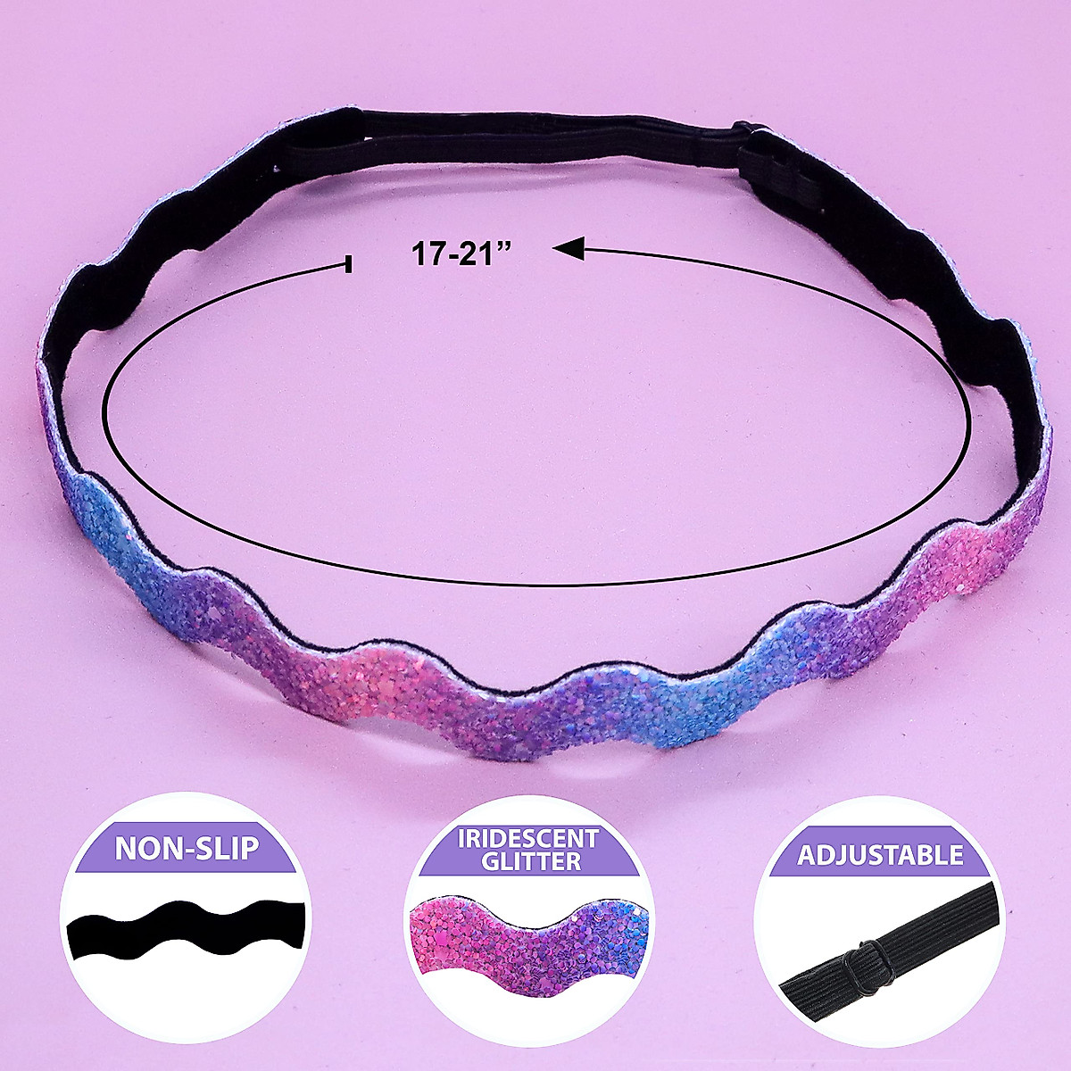 FROG SAC 6 Glitter Elastic Headbands For Girls, Adjustable Non Slip Thin Stretch Wavy Sport Headband Hair Bands for Teens, Cute Stretchy Zig Zag Nonslip Teen Girl Sport Hair Accessories