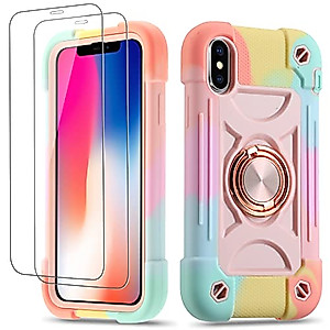 Cookiver for iPhone X/iPhone Xs Case 5.8 Inch with Ring Stand, with 2 Pack Glass Screen Protector,Heavy-Duty Shockproof Rugged Military Grade Cover with Magnetic Car Mount (Rainbow Pink)