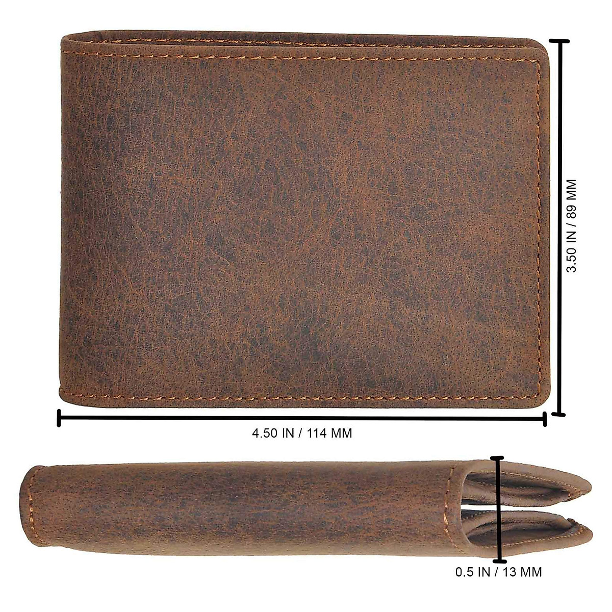 DiLoro Men's Slim Minimalist Bifold Genuine Full Grain Real Buffalo Leather with RFID Double Money Long Pocket and 8 cards (Dark Hunter Brown)