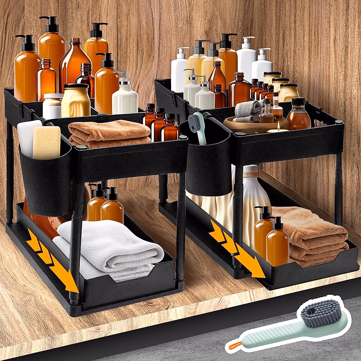 2 Pack Under Sink Organizers and Storage - 2 Tier Pull Out Under Sink Organizer with 2 Hanging Cups & 8 Adjustable Hooks | Multi Purpose Under Sink Storage Shelf Drawers for Bathroom & Kitchen (Black)