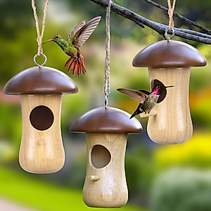 Hummingbird House,2023 New Mushroom Wooden Hummingbird Houses for Outside for Nesting, Gardening Gifts,Home Garden Decoration,3 Pack
