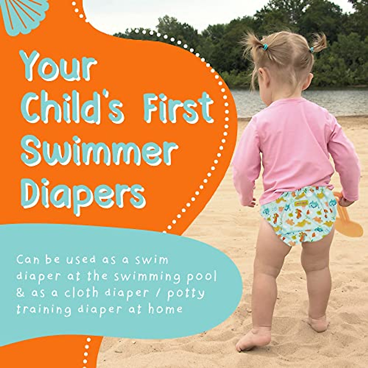 Cheekaaboo 2-in-1 Reusable Swim Diapers, Multipurpose Baby Swim Diaper, Leak-Proof Reusable Diapers with Inserts, Made for Beach, Pool and Outdoors, Turquoise/Dino, Fits Babies 6 Months to 3 Years