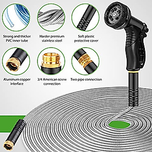 Tuzoc Metal Garden Hose 100FT, Stainless Steel Heavy Duty Water Hose With 10 Function Nozzle, No-Tangle & No-Kink, Tough & Flexible, Durable and Lightweight, Rust Proof hose for Yard, Outdoor, RV
