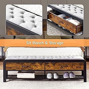GAOMON Queen Bed Frame with Headboard and 2 Drawers, Metal Platform Bed Frame Queen Size with Storage Drawer, No Box Spring Needed, Noise Free, Rustic Brown