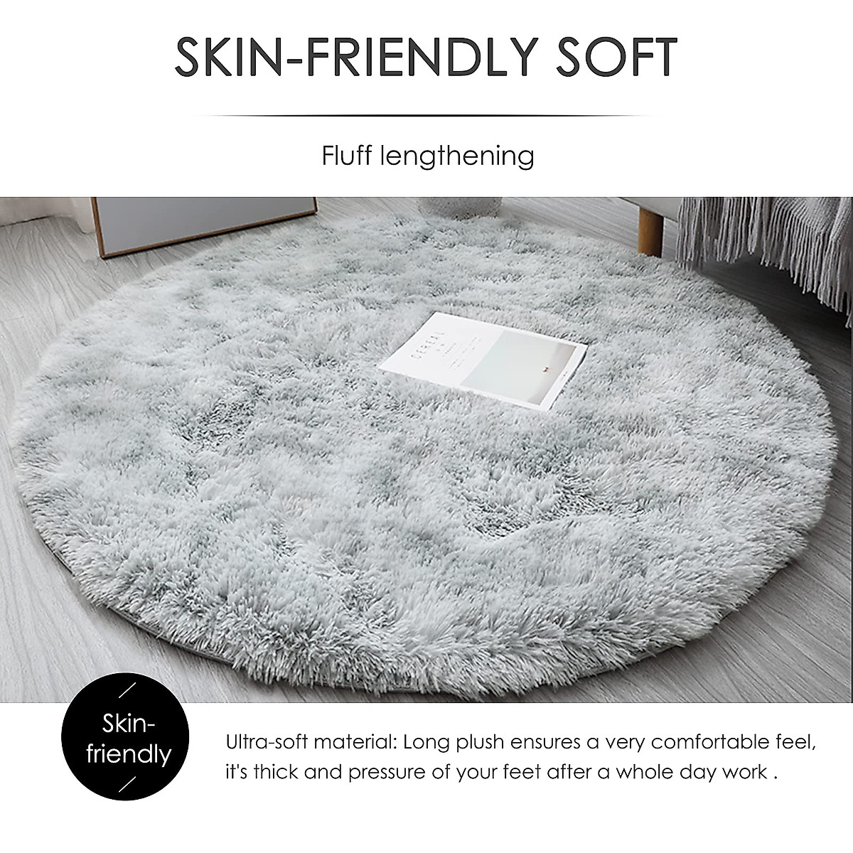 MIEMIE 6x6 Soft Round Area Rug for Bedroom Modern Fluffy Circle Rug for Kids Girls Baby Room Indoor Plush Circular Nursery Rugs Cute Cozy Area Rugs for Living Room, Light Grey
