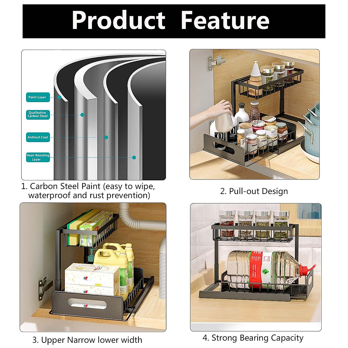 Under Sink Organizer Kitchen Storage L Shape Metal, 2 Tier Cabinet Bathroom Organizion with Pull Out Sliding Drawers, Multi-Use Countertop Storage Shelf, Under Rack for Kitchen, Office, Black