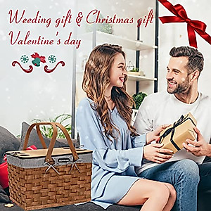 Picnic Basket Set for 2, Handmade Woodchip Basket with Wine Table & 2 Wooden Handles, Cutlery Service Kit, Best Gift for Couple, Valentine's Day,Christmas, Birthday, Wedding, Outdoor, Camping. 2P-Grey