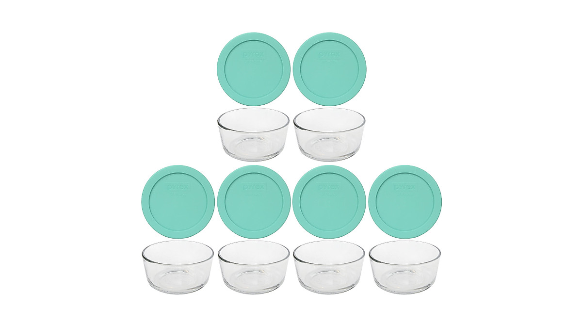 Pyrex 7200 Glass Bowls & Sea Glass Blue Lids Set