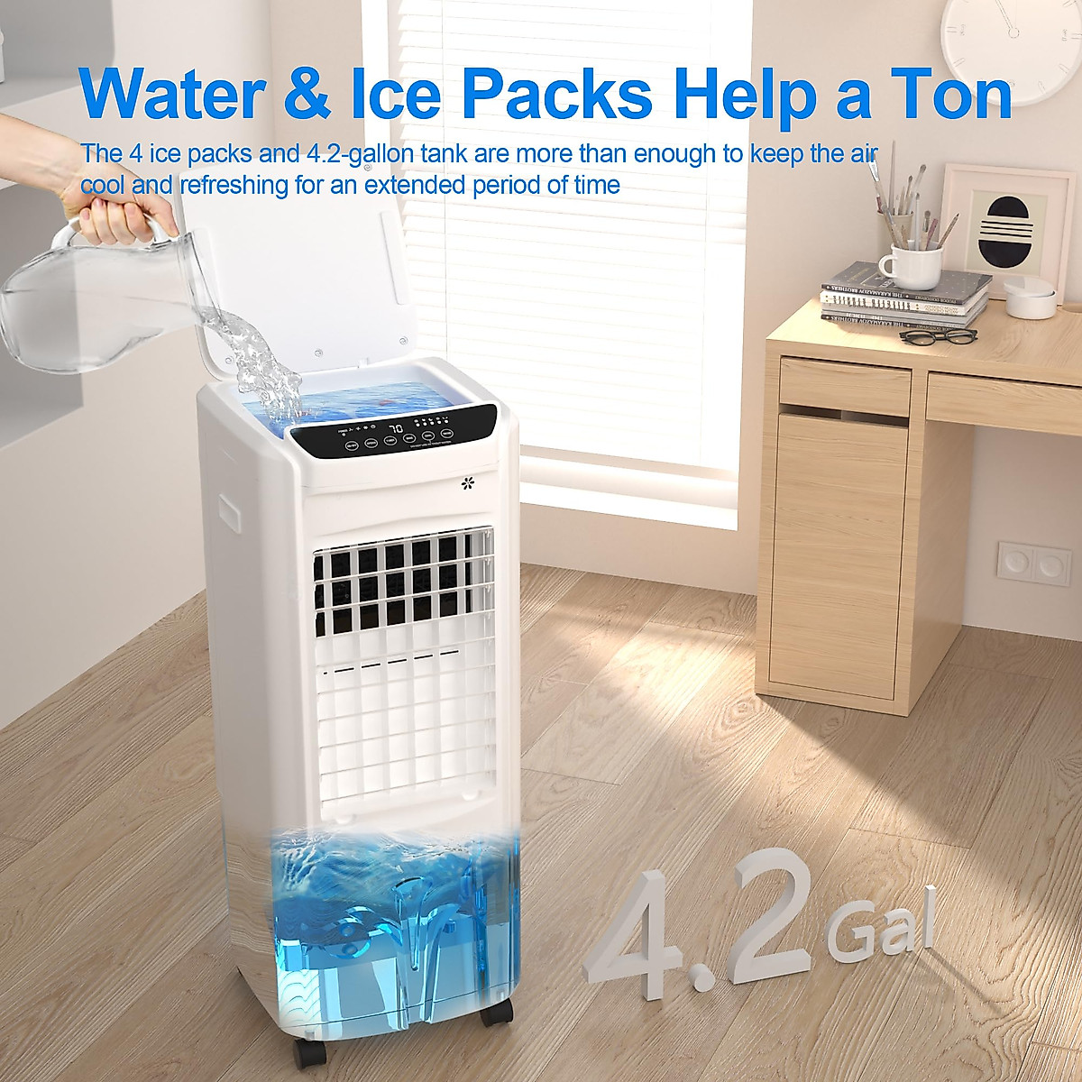 Uthfy Portable Air Conditioners, 32" Swamp Cooler Evaporative Air Cooler with 4.2 Gal Tank, Remote, 120° Oscillation Cooling Fan with 3 Speeds, 12H Timer, 3 In 1 Tower Fan thats Blow Cold Air for Room