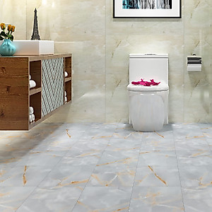 FunStick 30 Pack Peel and Stick Floor Tile Waterproof 12 x 12 Inch Grey Gold Marble Vinyl Flooring Peel and Stick for Bathroom Floor Tile Stickers Kitchen Laundry Room Bedroom Garage Laminate Flooring