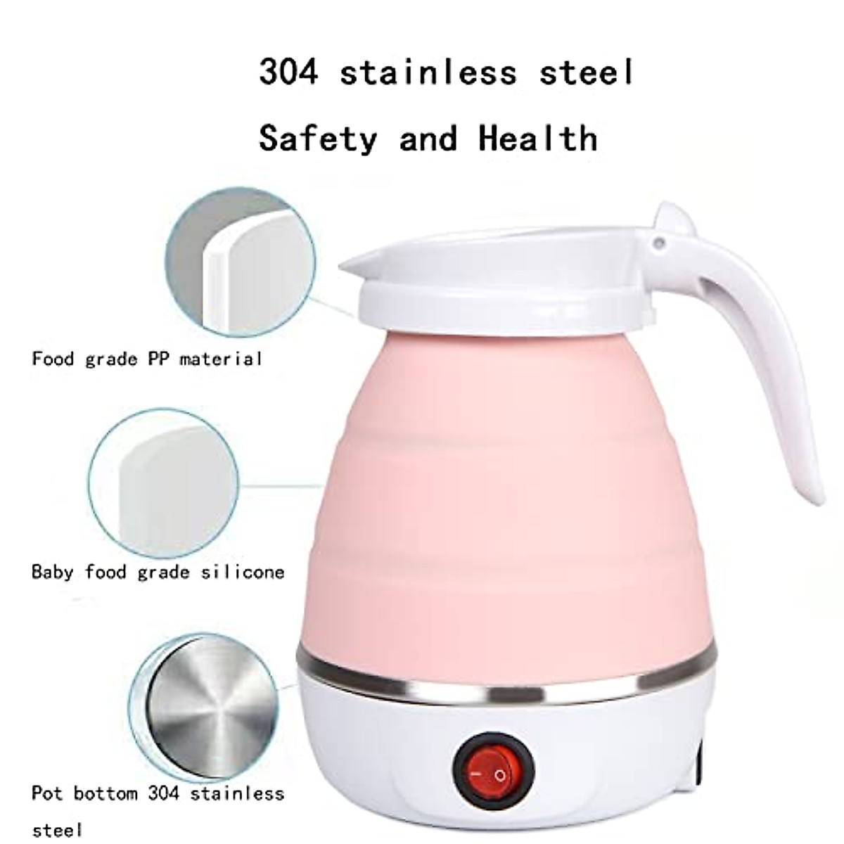 Travel Kettle Electric Small Foldable Portable Kettle,Silicone Collapsible Heating Water Boiler Tea Pot for Camping,Easy for Storage with Separable Power Cord (Pink)