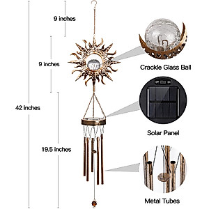 DesGully Solar Wind Chimes, Sun Wind Chime Outdoor Clearance w/Glowing Crackle Glass LED Unique Wind Bells for Outside Waterproof Chimes, Gifts for Her/Him (42" Long Metal Chimes)…