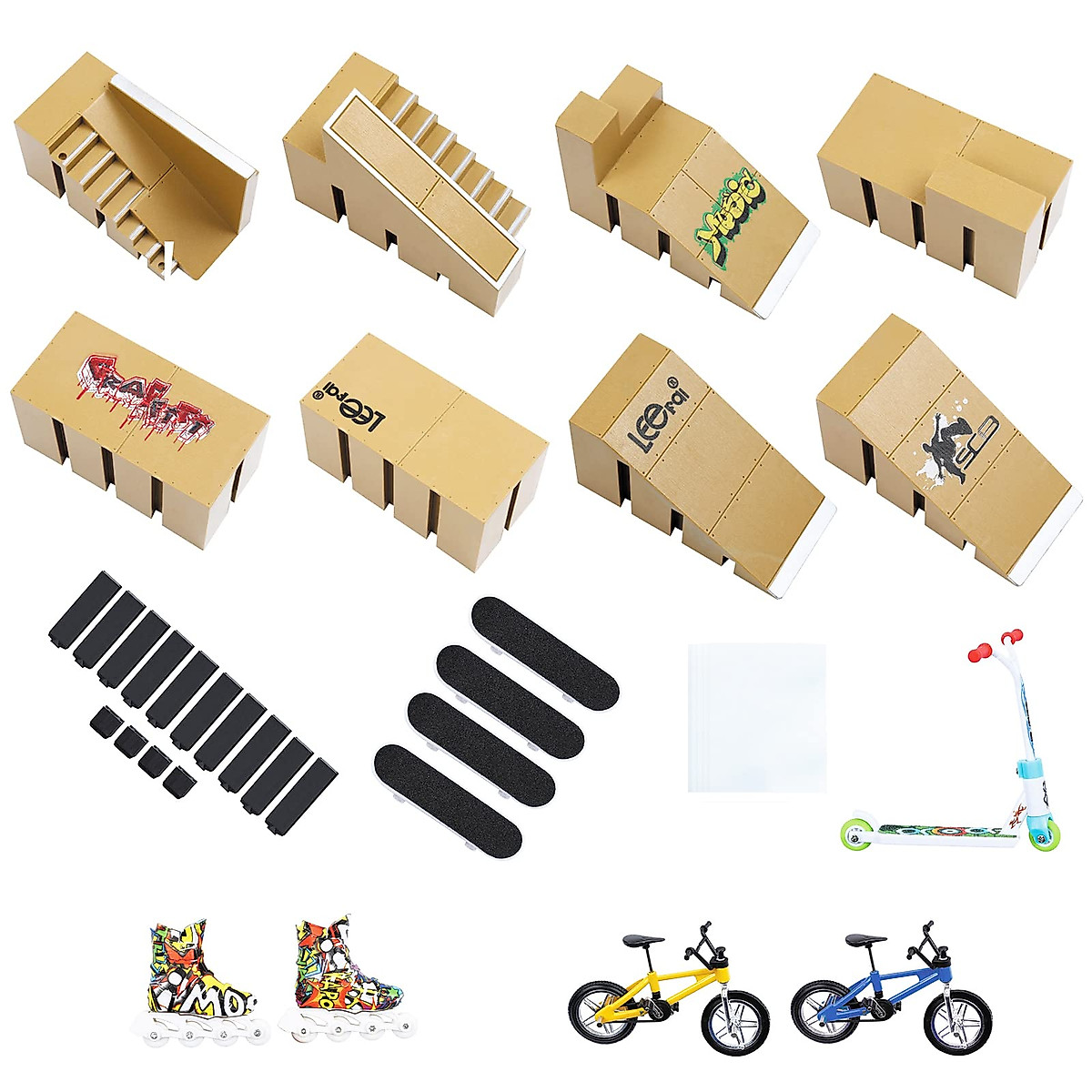 Skate Park Kit, Skate Park Kit Ramp Parts for Finger Skateboard Park Kit Part Training Props with 4 Finger Decks 2 Finger Bike 1 Pair Skates and 1 Scooters