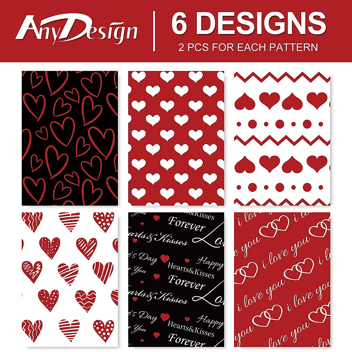 AnyDesign 12 Sheet Valentine's Day Wrapping Paper Red White Black Hearts Wrapping Paper Sweet Love Art Paper for Wedding Anniversary Baby Shower Birthday Gift Packing, 20 x 28 Inch, Folded Flat