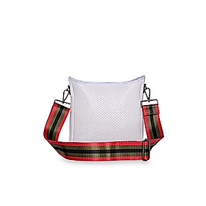 Haute Shore - Jeri Trento Crossbody Tote, White Coated W/Red, Black, & Green Stripe