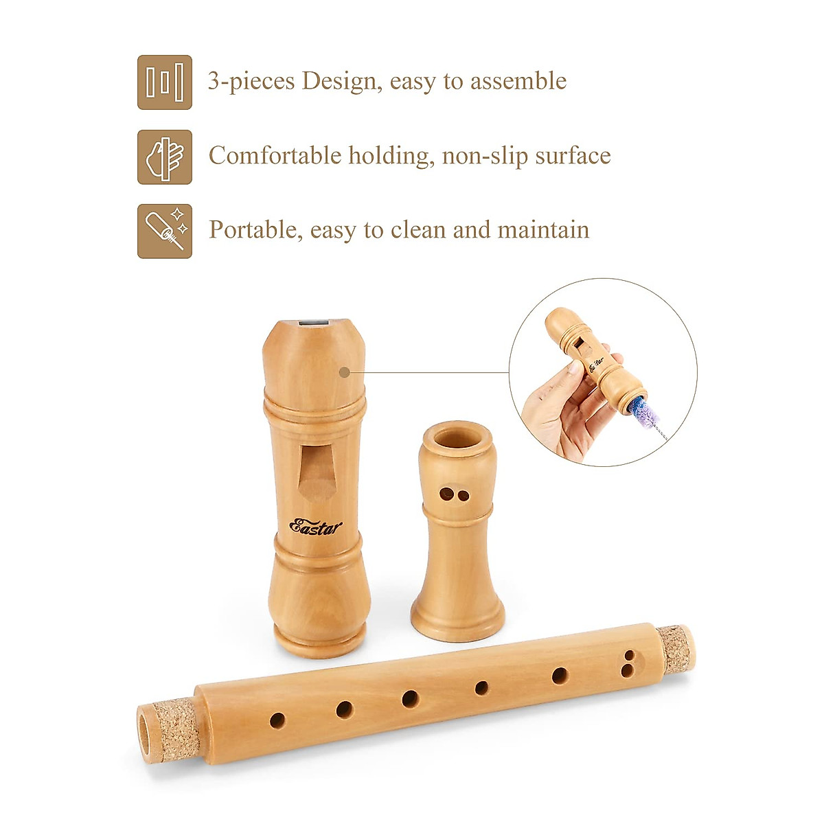 Eastar Soprano Recorder Instrument for Kids Adults Beginners, German fingering C Key Maple Wooden Recorder, 3 Piece Recorder With Hard Case, Fingering Chart, Cleaning Kit, ERS-31GM