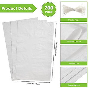 200 Pcs Empty Sandbags Heavy Duty Sand Bags with Ties Woven Polypropylene Sand Bags Bulk Sand Bag for Flooding 16 x 26 Inches Sandbag Flood Protection for Emergency Hurricane Season Supplies (White)