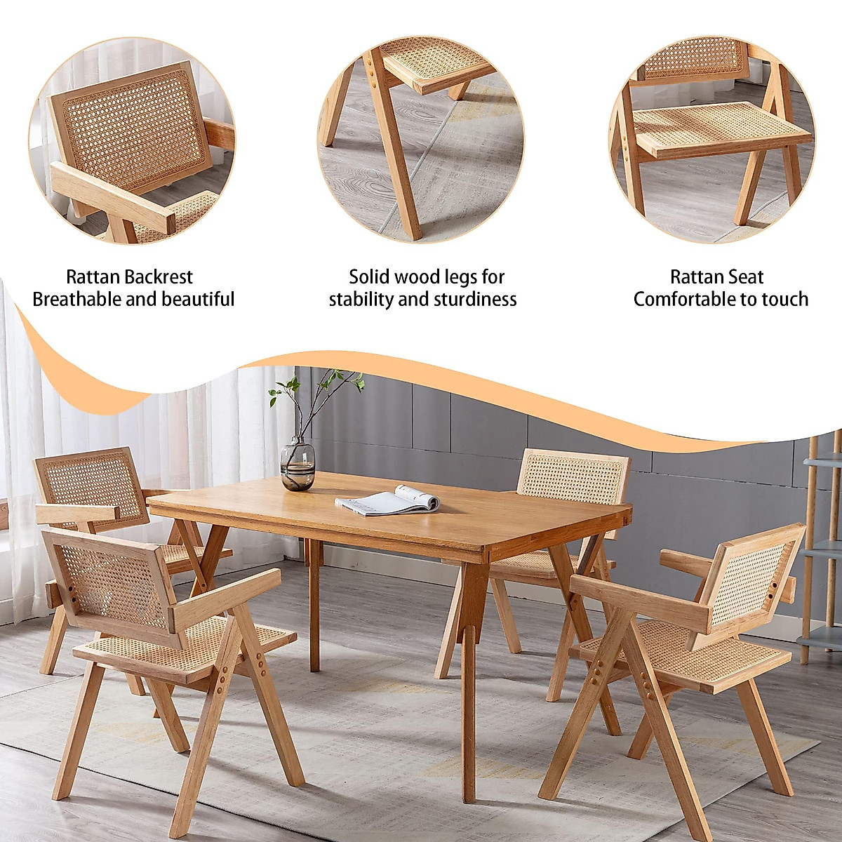 Westice Rattan Dining Chairs Set of 6, Wooden Kitchen Chairs with Faux Cane Seat & Backrest, Solid Wood Legs, Comfy Farmhouse Retro Side Chair for Indoor Dining Room, Natural