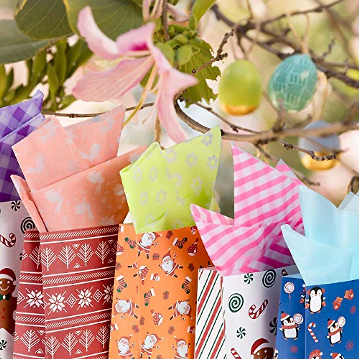 Whaline Easter Tissue Paper 90 Sheet Colorful Gift Wrapping Paper Sheet Pastel Rabbit Bunny Flower Plaid Wrapping Paper Spring Holiday Art Tissue for Easter DIY Gift Packing, 13.8 x 19.7 Inch