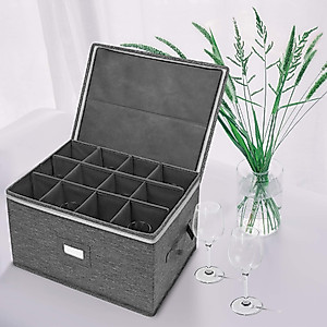 Stemware Storage Cases, Wine Glass Storage Box Containers for Glassware or Crystal, Holds 12 Red or White Wine Glasses, Hard Top and Sides (Grey)