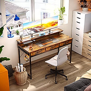 ODK 55 inch Computer Desk with Drawers, Home Office Desk with Adjustable Monitor Stand, Modern Work Study Writing Table Desk, Vintage