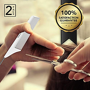 8.8 Inch White Metal Tail Comb (2 Pack) Carbon Fiber and Stainless Steel Pintail | Lightweight | Rat Tail Styling Combs for all Hair Types | Fine Tooth Teasing Comb Set (White 2 Pack)
