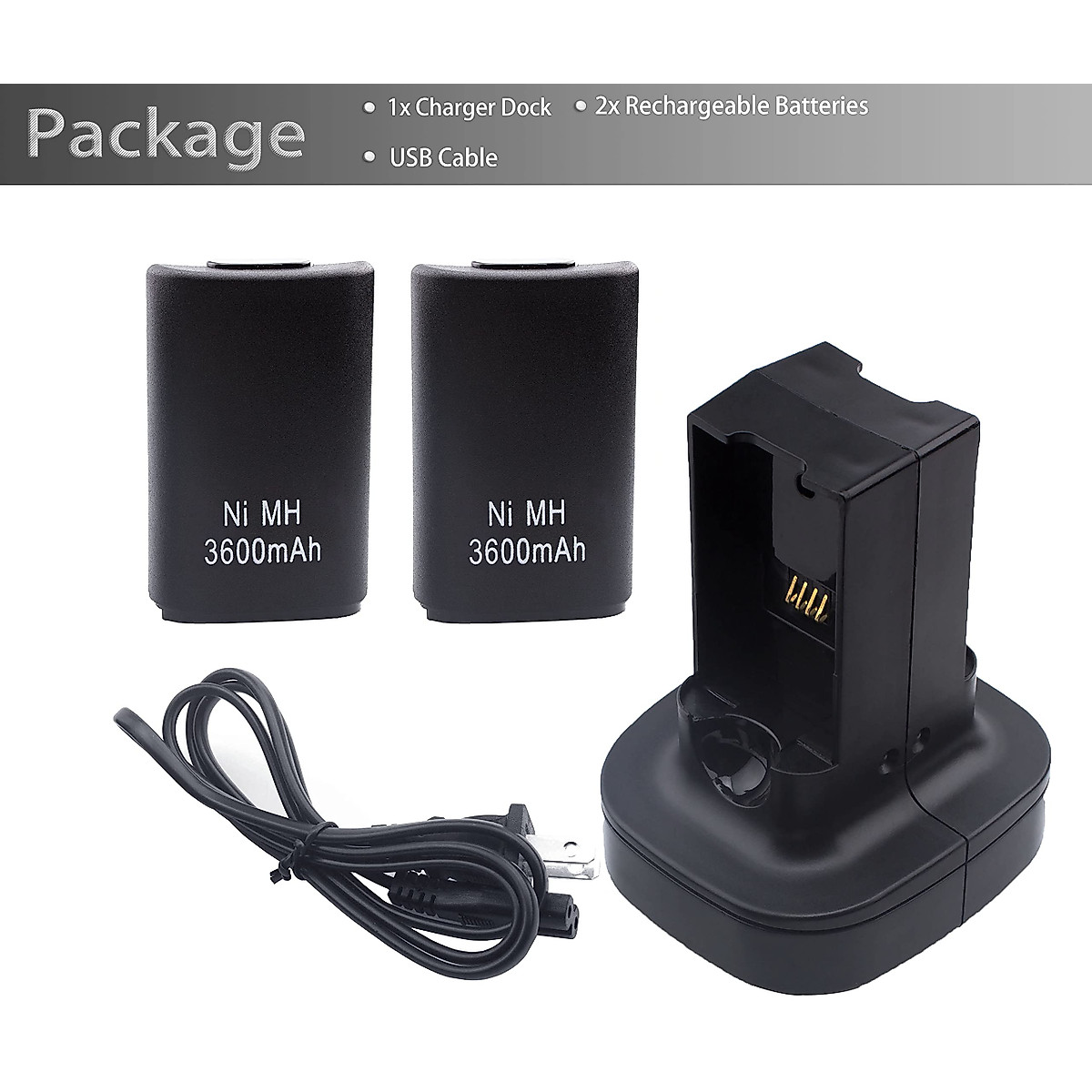 2-Pack Xbox 360 Controller Rechargeable Battery (3600mAh) with Dual Charging Dock Charger Station Stand Base, fit for Xbox 360 Wireless Controller