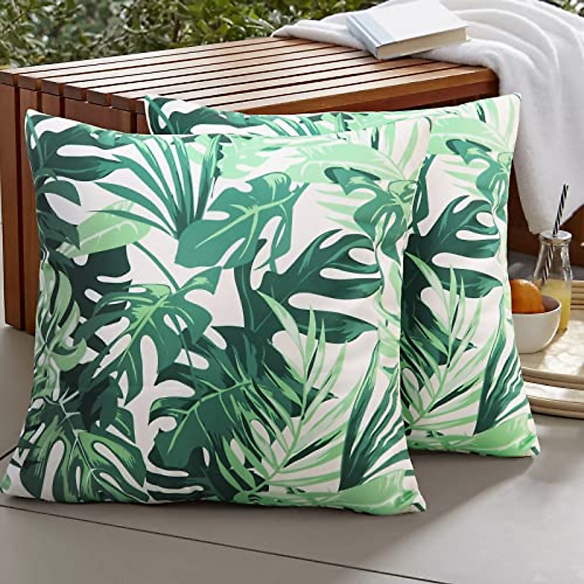 Pack 2 Tropical Outdoor Waterproof Pillow Covers 18x18 inch Patio Furniture Pillows for Couch Tent,Blue