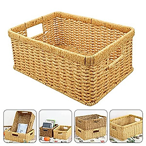 OUNONA Wicker Baskets for Shelves Toilet Paper Basket Rectangular Rattan Baskets with Built-in Handles Hand-woven Water Hyacinth Storage Baskets - Khaki