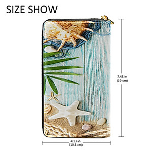 Beach Seashell Starfishes Leather Long Wallet Organizer with Zipper Purse Clutch Bag for Women Men