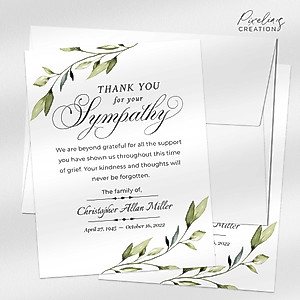 Greenery personalized sympathy thank you notes, Funeral thank you cards with envelopes.