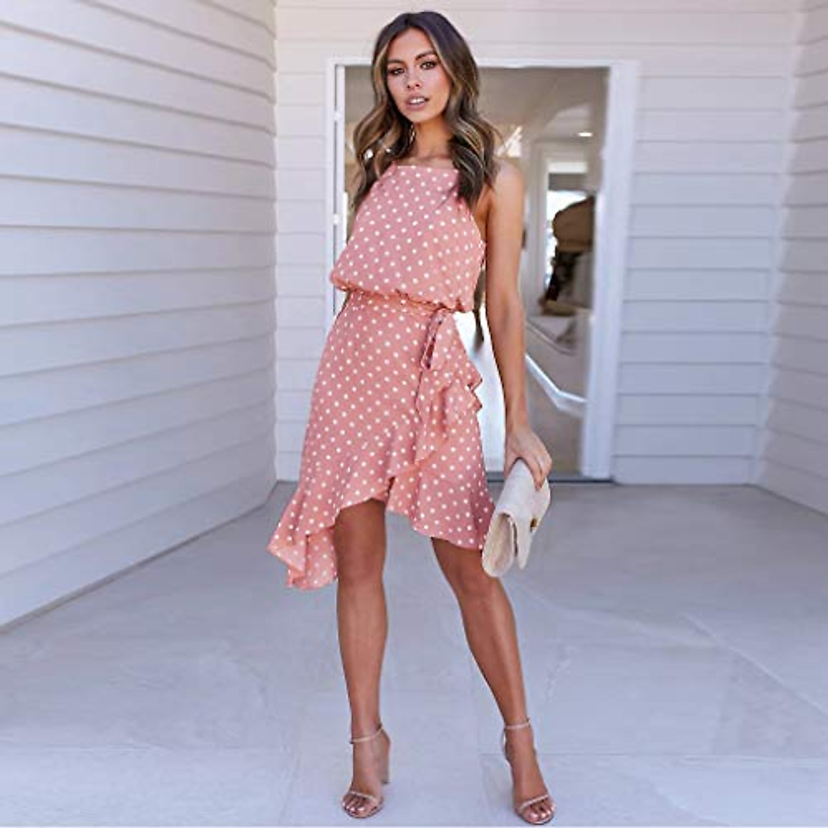 Shakumy Women Casual Sleeveless Halter Neck Boho Print Mini Dress Ruffle Irregular Hem Party Beach Tunic Short Dress