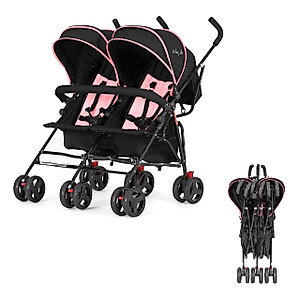 Dream On Me Volgo Twin Umbrella Stroller in Pink, Lightweight Double Stroller for Infant & Toddler, Compact Easy Fold, Large Storage Basket, Large and Adjustable Canopy